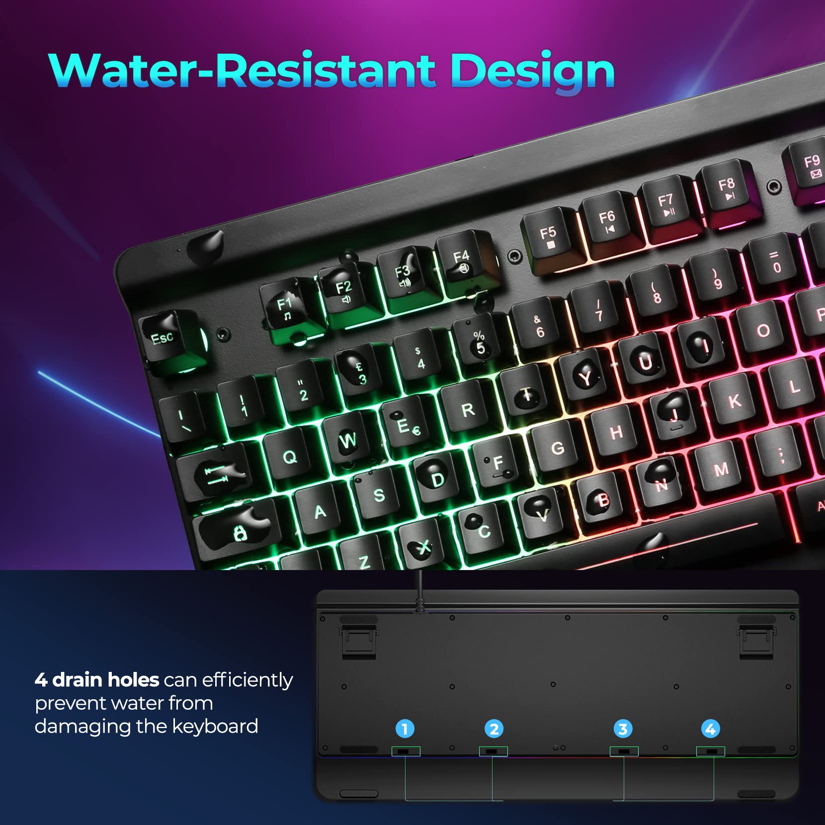 Pauroty Gaming Keyboard Metal, Rainbow LED Backlit Silent Keyboard with Wrist Rest, 104 Quiet Membrane Keys, Multimedia Keys,19 Anti-ghosting Keys, Waterproof, USB Wired Keyboard for Windows PC Gamer