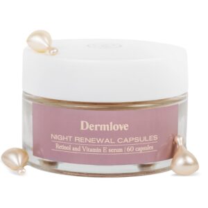 dermlove night renewal retinol and vitamin e face serum capsules. helps prevent accelerated skin aging and visibly reduces fine lines and wrinkles. tested on sensitive skin. 60 capsules.