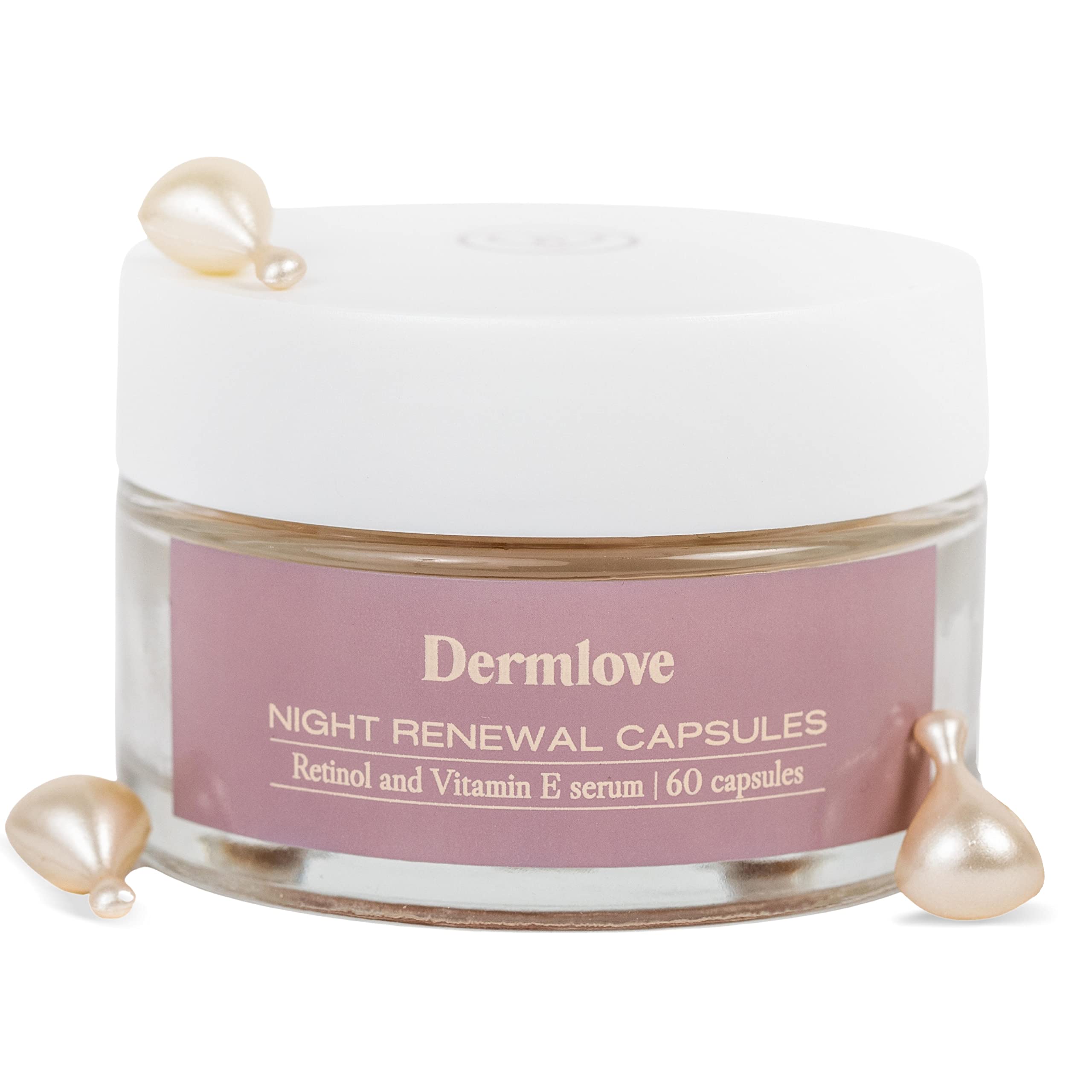 Dermlove Night Renewal Retinol and Vitamin E Face Serum Capsules. Helps prevent accelerated skin aging and visibly reduces fine lines and wrinkles. Tested on sensitive skin. 60 capsules.