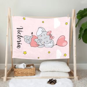 Elephant Flying Balloon Personalized Monogramed Baby Shower Blanket for Baby Girl Boy, Custom Name Soft Warm Newborn Throw Blanket 30X40 in