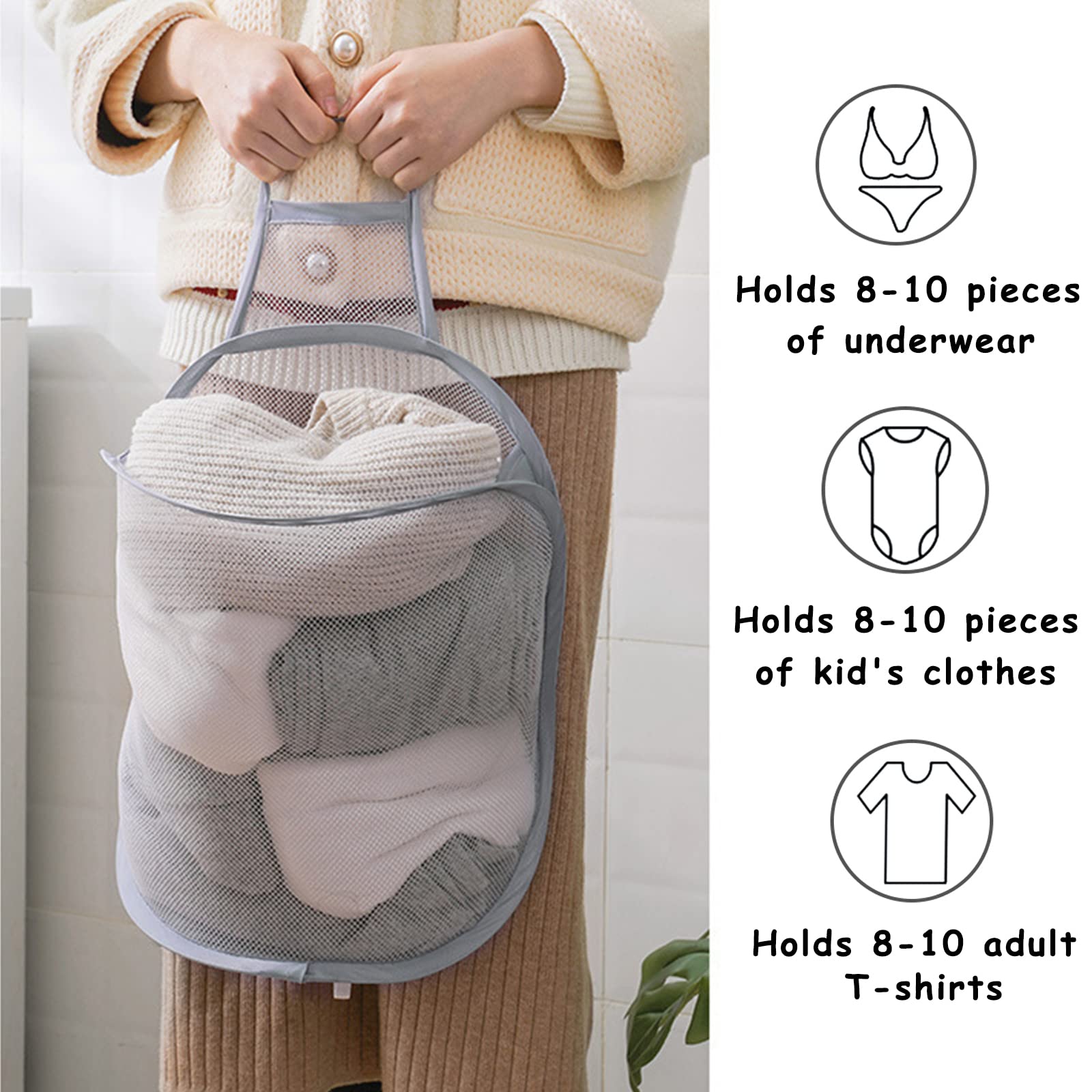 Pop Up Laundry Hamper,Small Hanging Laundry Hamper Bag,2 Pack Laundry Basket for adult t-shirt underwear,Breathable Mesh Hanging Laundry Basket for Kids (Grey)