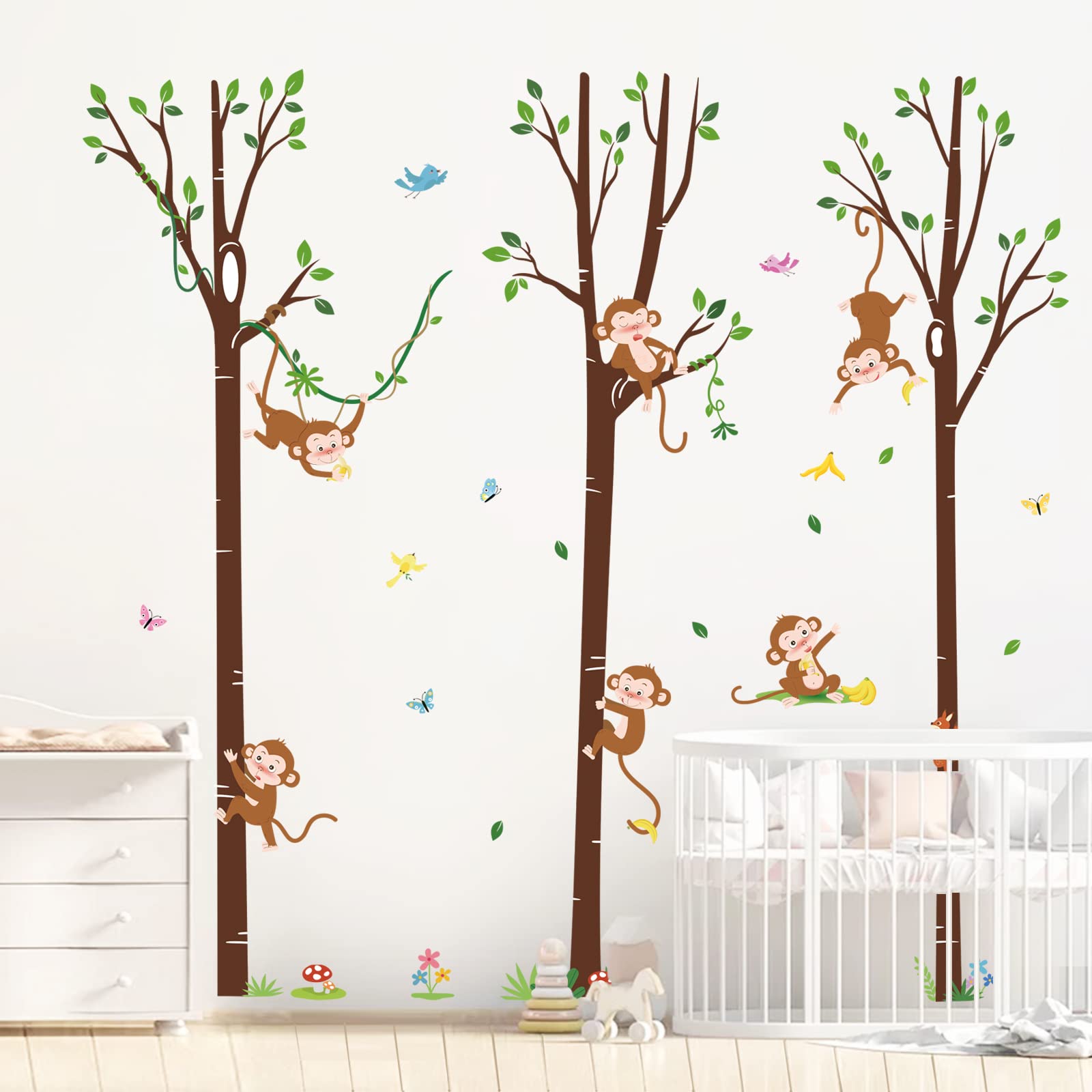 decalmile Wall Stickers Monkey Tree Large Animals Birch Wall Sticker Wall Decoration Bedroom Kids Baby Nursery Living Room