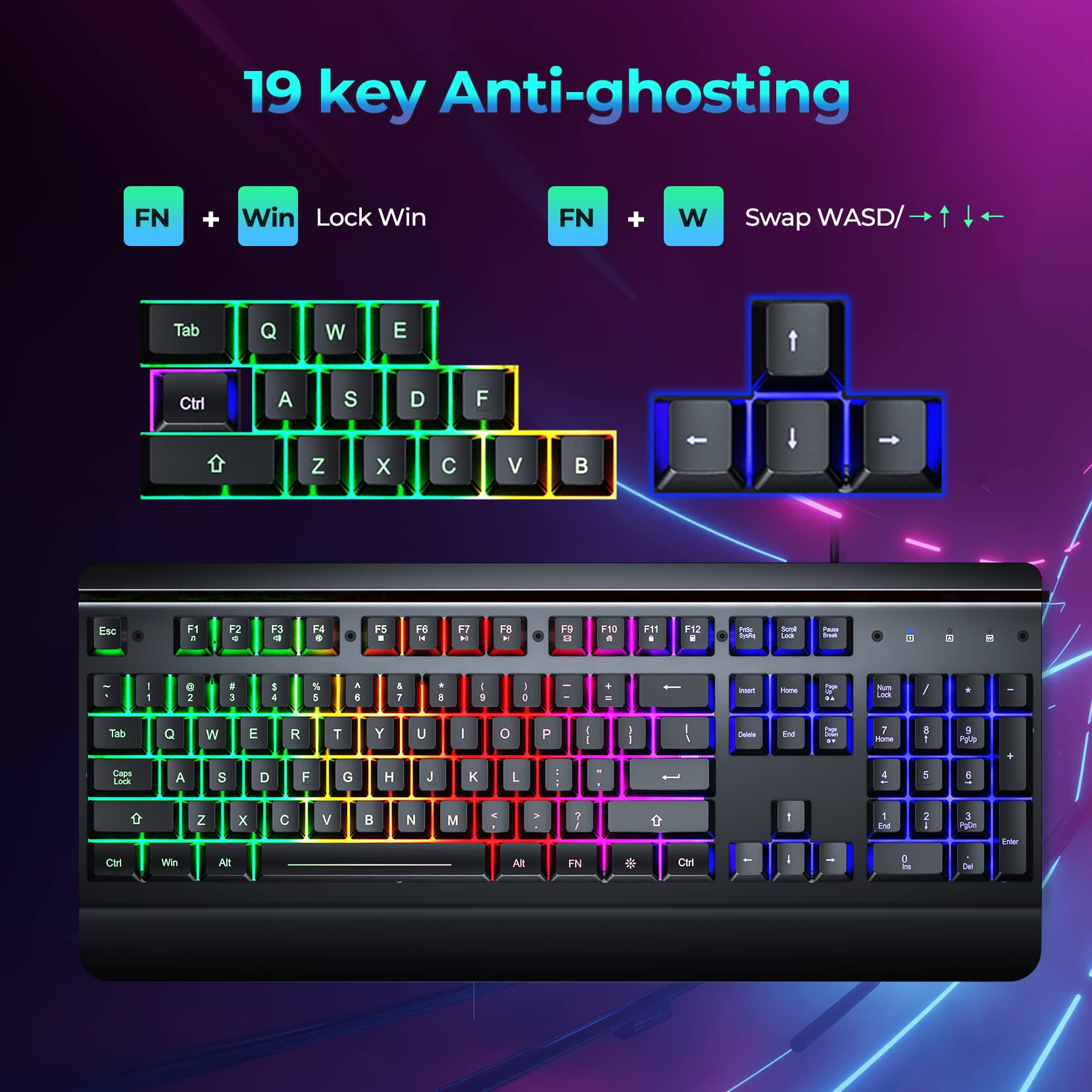 Pauroty Gaming Keyboard Metal, Rainbow LED Backlit Silent Keyboard with Wrist Rest, 104 Quiet Membrane Keys, Multimedia Keys,19 Anti-ghosting Keys, Waterproof, USB Wired Keyboard for Windows PC Gamer