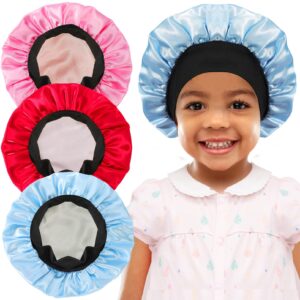 3 pack kids satin bonnet,double layer child sleeping cap,silky night sleep caps elastic wide band,soft breathable satin caps,kids hair bonnets for girls baby toddler teens (pink+blue+red)