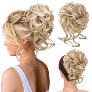 earfodo messy bun hair piece, messy hair bun scrunchies for women tousled updo bun synthetic wavy curly chignon ponytail hairpiece for daily wear(27/613#:strawberry blonde & bleach blond mixed)…