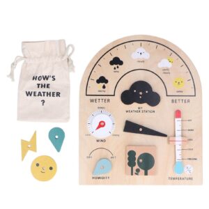 oreilet weather station toy, educational wooden weatherboard for kids, weather watch wooden weather learning board, preschool learning toy climate teaching