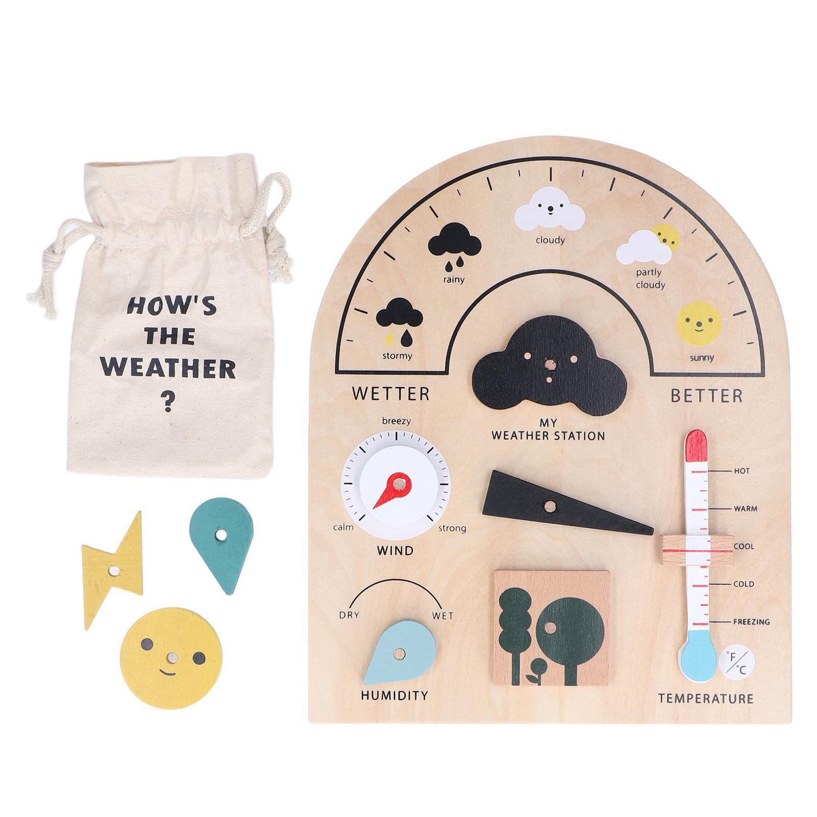 Oreilet Weather Station Toy, Educational Wooden Weatherboard for Kids, Weather Watch Wooden Weather Learning Board, Preschool Learning Toy Climate Teaching