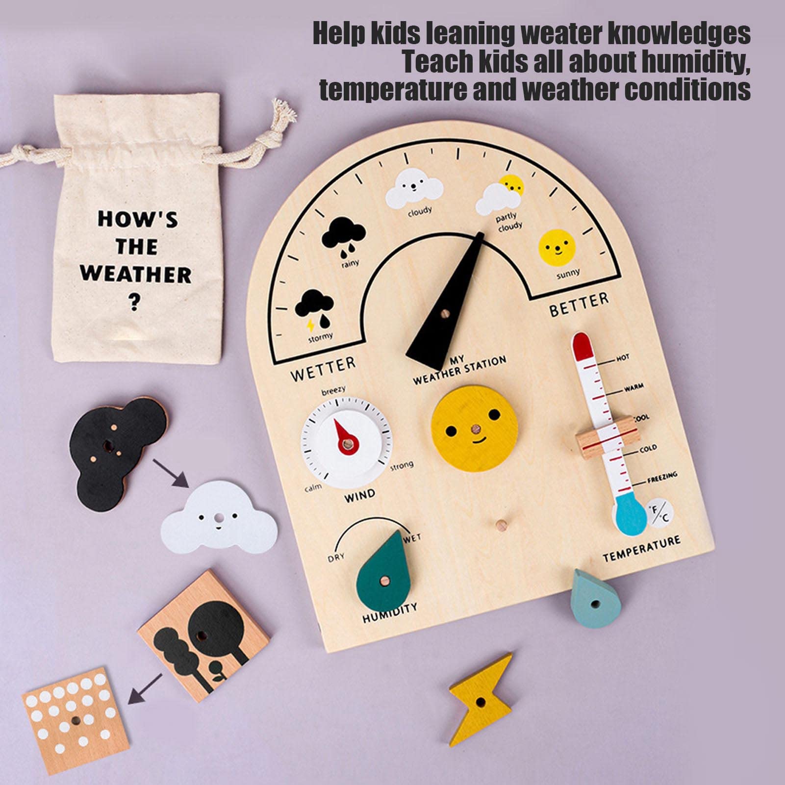 Oreilet Weather Station Toy, Educational Wooden Weatherboard for Kids, Weather Watch Wooden Weather Learning Board, Preschool Learning Toy Climate Teaching