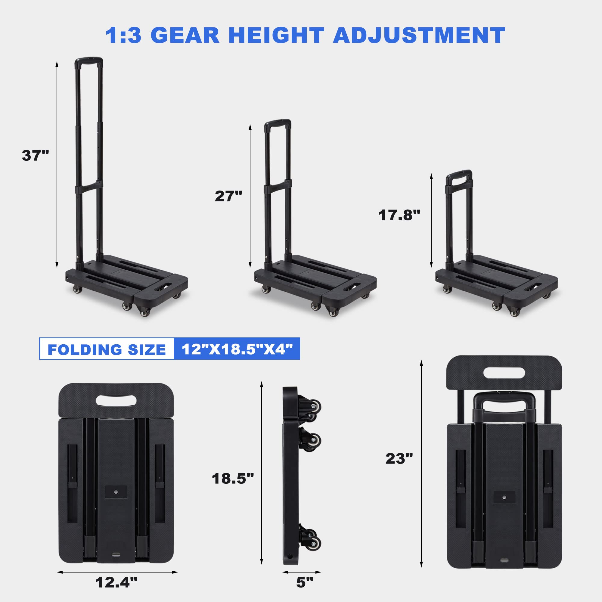 Outspurge Folding Hand Truck Dolly 600LB ，Portable Dolly for Heavy Duty Moving Luggage Carts with 6 Wheels Dolly with Handle 2 Elastic Rope for Travel, Moving, Shopping,Office Use