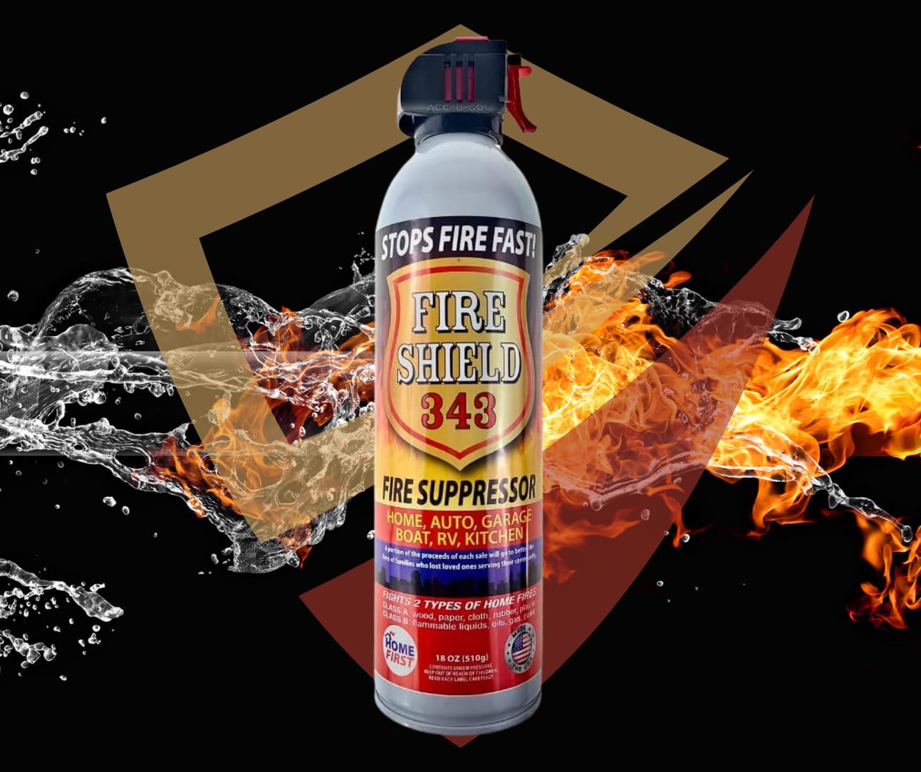 Fire Shield 343 - Home & MOBILE Use Aerosol Fire Suppressant Spray Foam Eliminates Gasoline, Kitchen Grease, Oil, Wood Fires. For Garage, House, Camping, RV & More