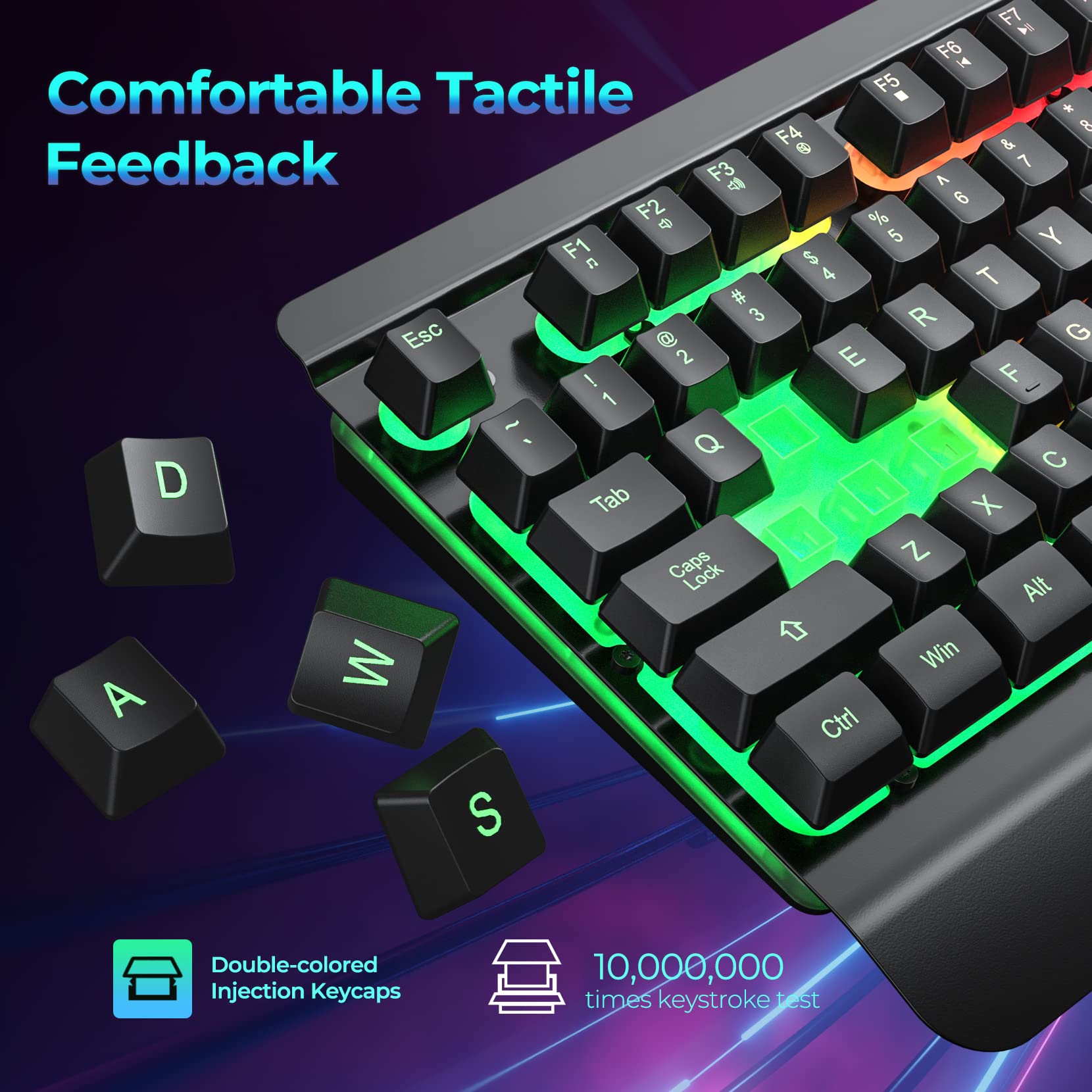 Pauroty Gaming Keyboard Metal, Rainbow LED Backlit Silent Keyboard with Wrist Rest, 104 Quiet Membrane Keys, Multimedia Keys,19 Anti-ghosting Keys, Waterproof, USB Wired Keyboard for Windows PC Gamer