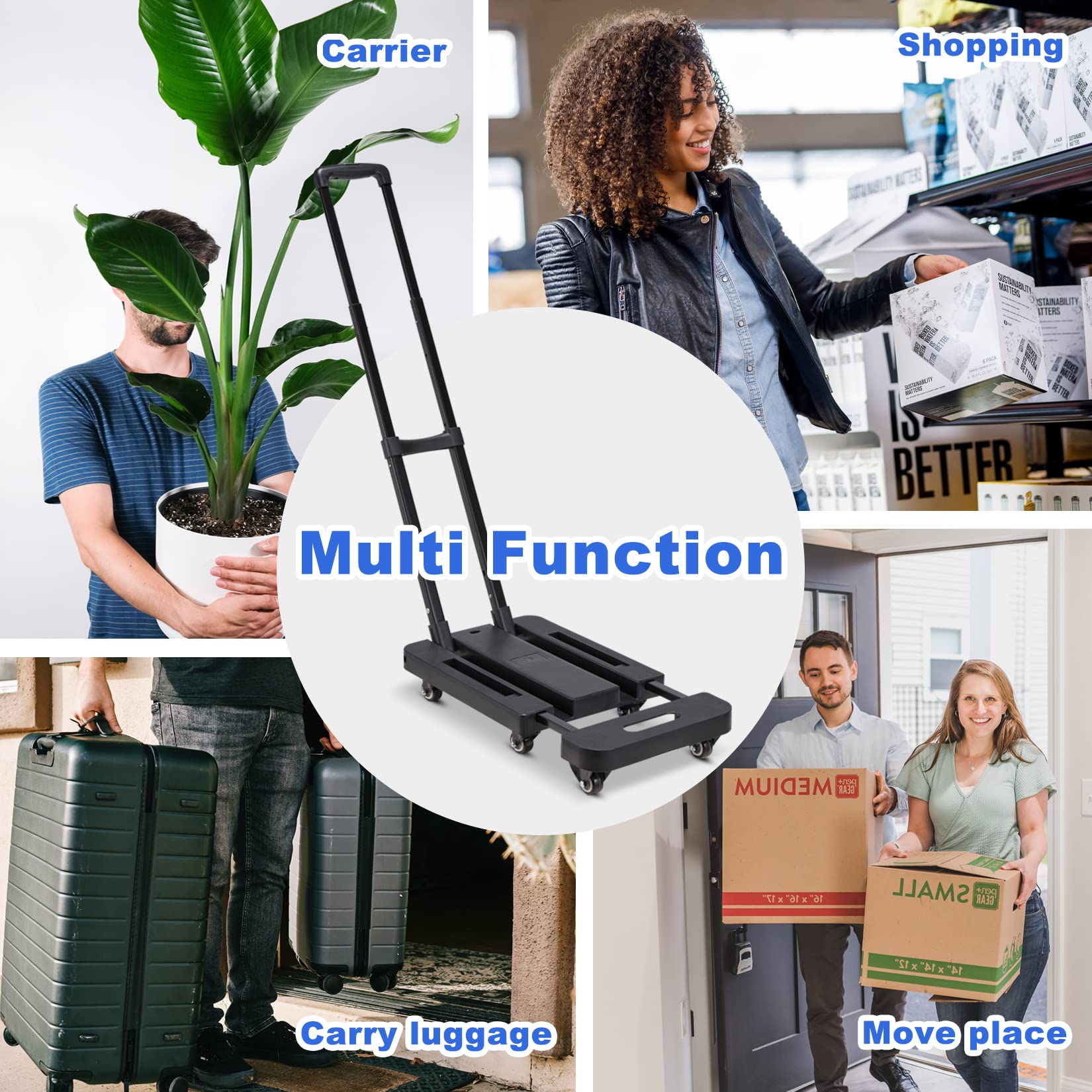 Outspurge Folding Hand Truck Dolly 600LB ，Portable Dolly for Heavy Duty Moving Luggage Carts with 6 Wheels Dolly with Handle 2 Elastic Rope for Travel, Moving, Shopping,Office Use