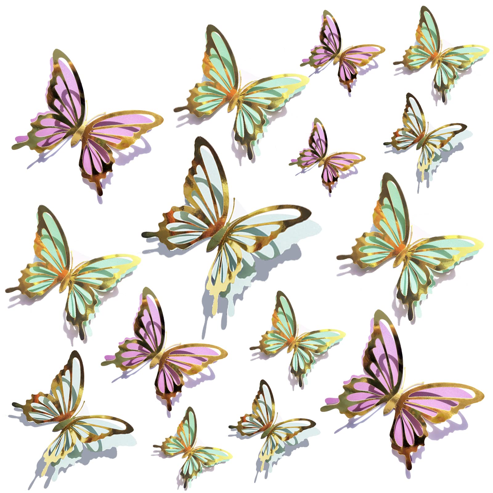 Menoeceus 72 Pcs 3D Butterfly Wall Decor Gold Butterfly Decorations Double Layer Removable Butterfly Wall Stickers for Birthday Wedding Party Cake Kids Room Decor DIY Gift