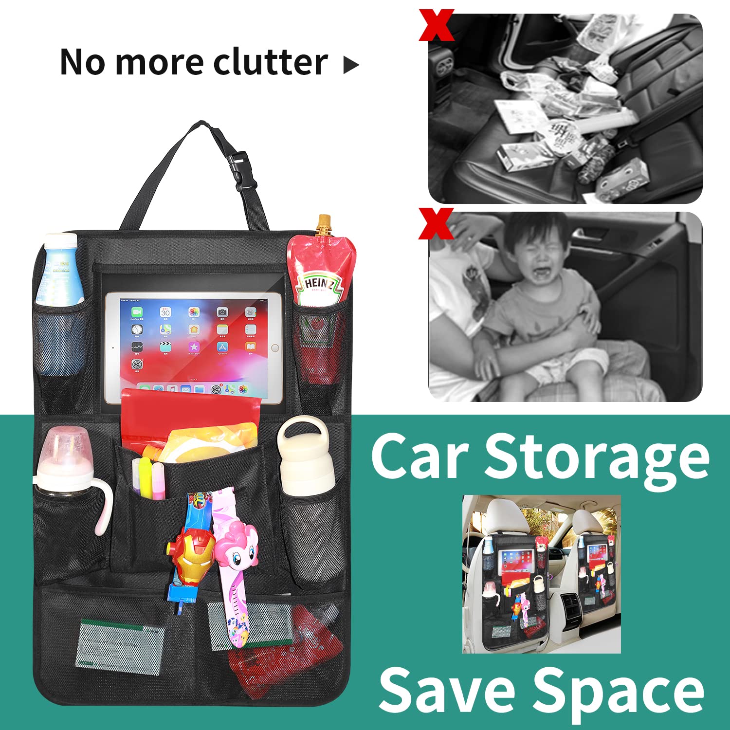 Car Seat Back Organizer for Kids Car Organizer Kick Mats with 10" Touch Screen Tablet Holder 11 Storage Pockets Car Back Seat Protectors Backseat Child Kick Guard Seat Saver (21” x 17”inch)