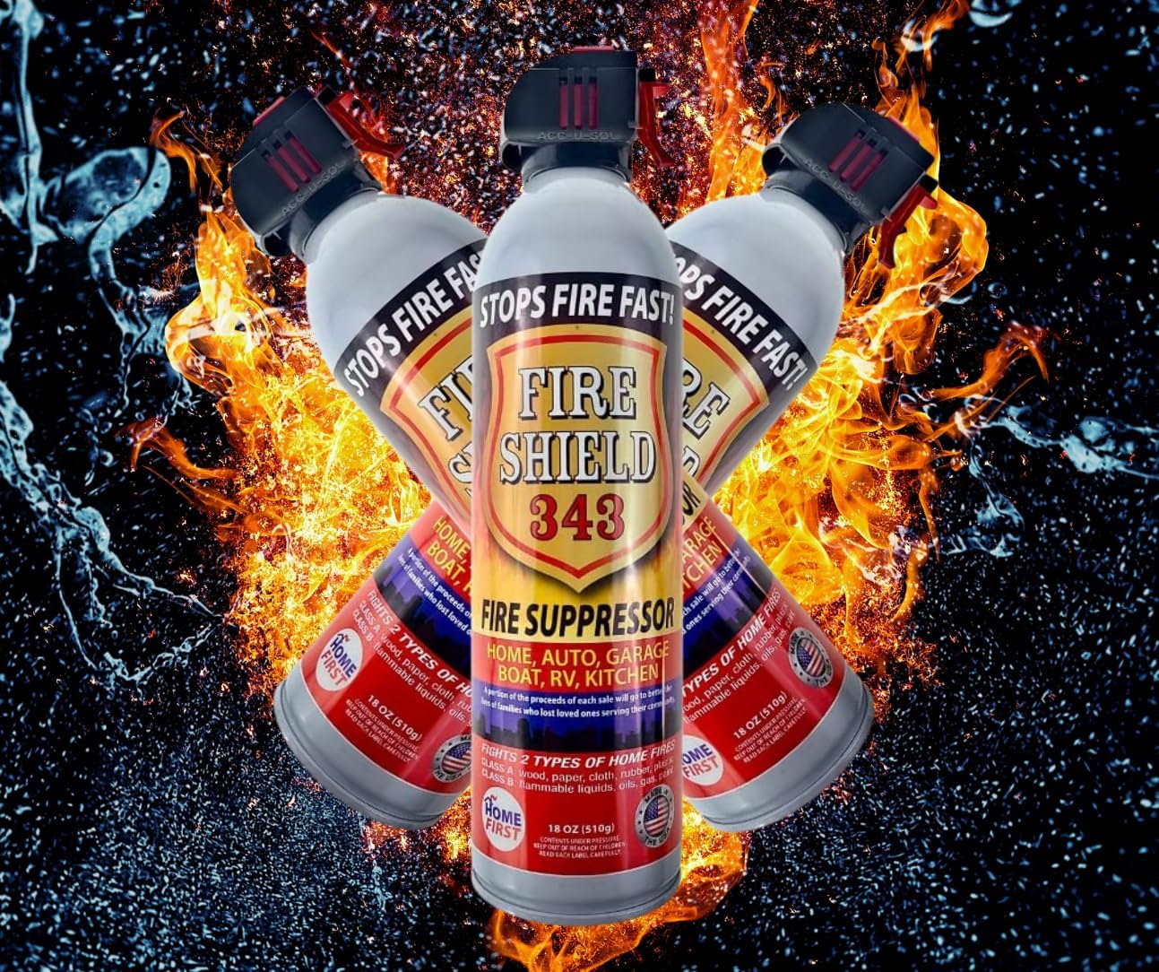 Fire Shield 343 - Home & MOBILE Use Aerosol Fire Suppressant Spray Foam Eliminates Gasoline, Kitchen Grease, Oil, Wood Fires. For Garage, House, Camping, RV & More