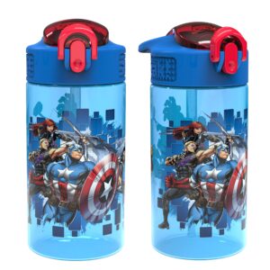 zak designs kids durable plastic spout cover and built-in carrying loop, leak-proof water design for travel, (16oz, 2pc set), marvel avengers