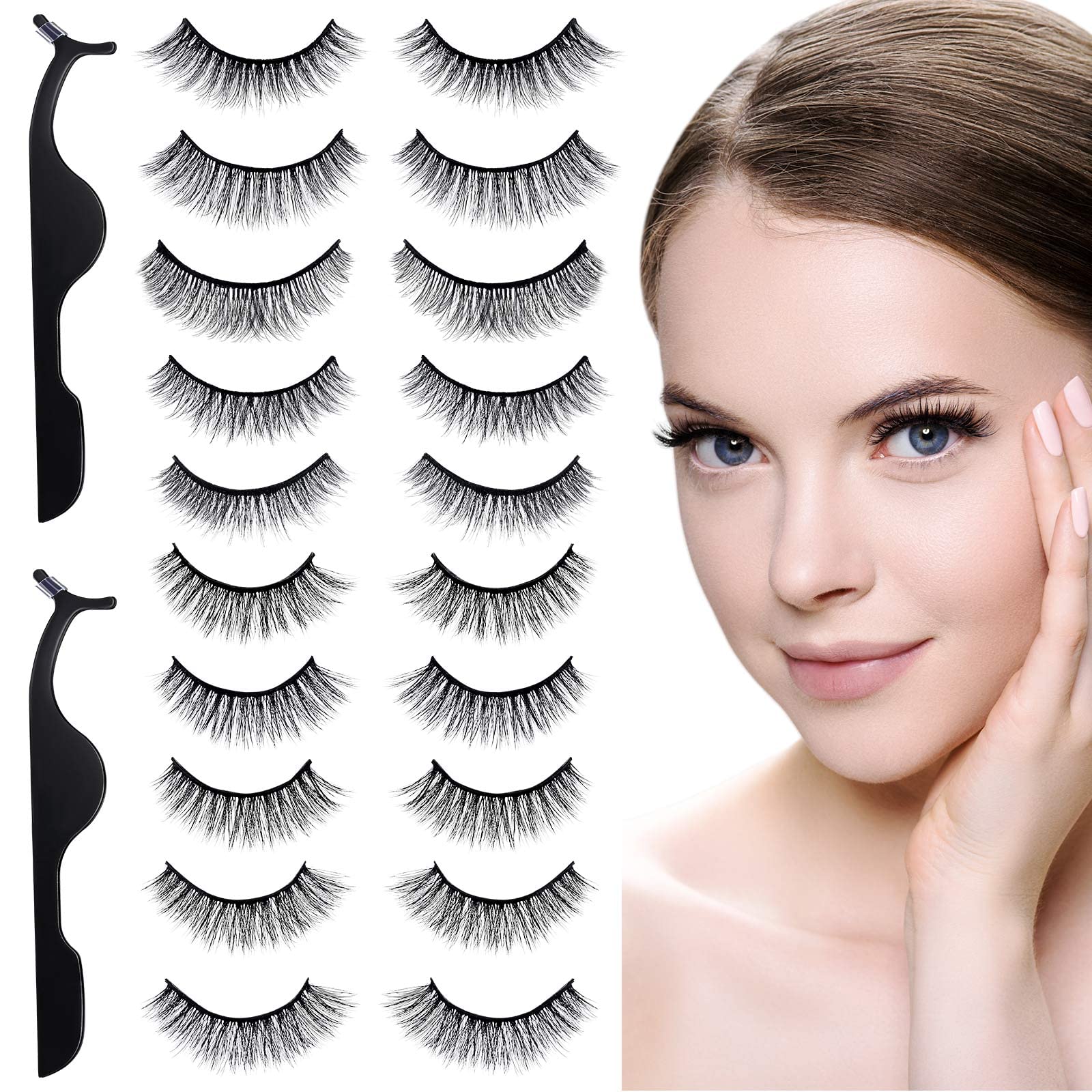 10 Pairs Reusable Self Adhesive Eyelashes No Glue or Eyeliner Needed False Lashes, Stick on Natural Eyelashes Waterproof Wispy Fluffy Self Sticking Fake Eyelashes with Tweezers for Women Gift