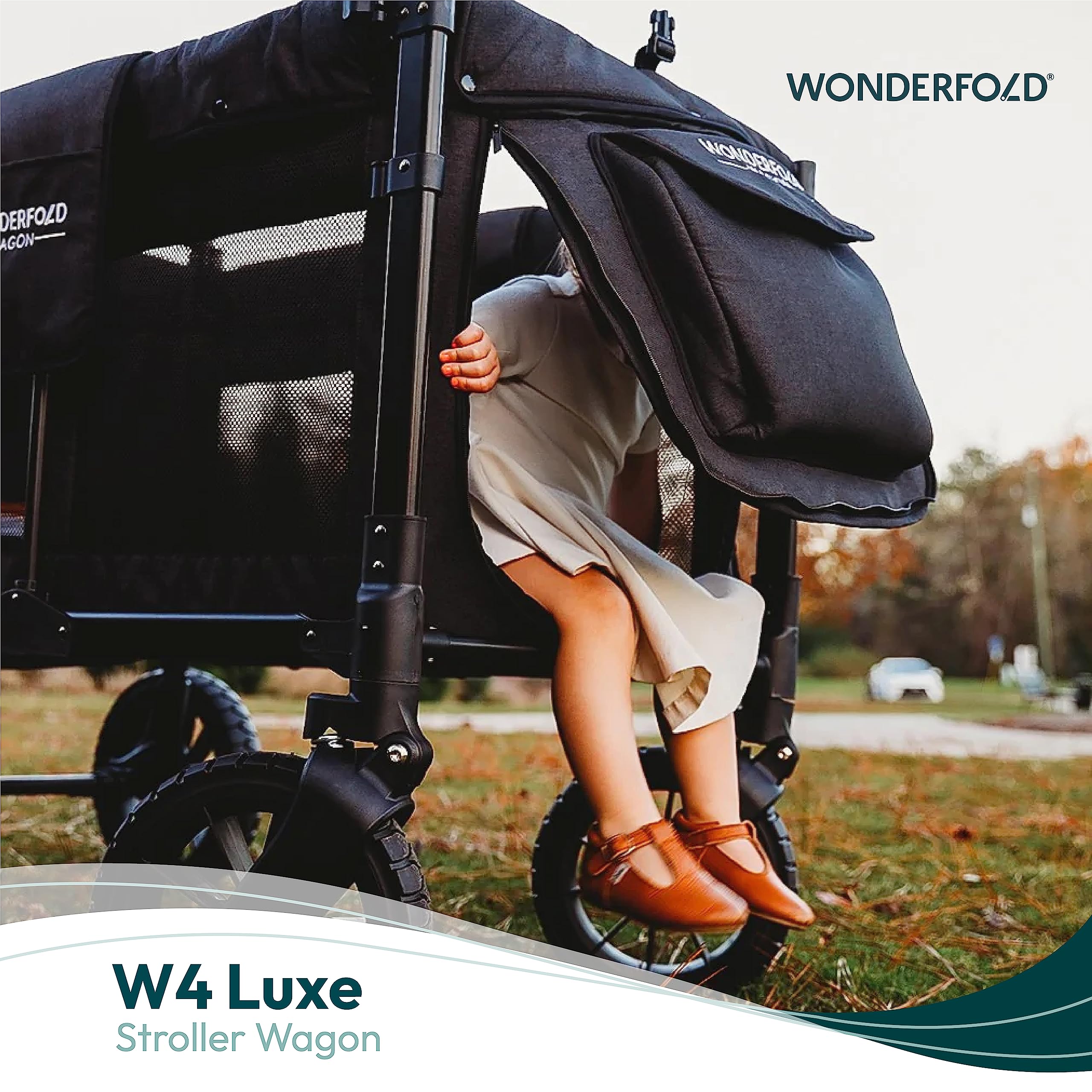 WONDERFOLD W4 Luxe Stroller Wagon (4 Seater) - Collapsible Wagon Stroller with Seats with Magnetic Buckle 5-Point Harnesses & Sun Canopy, Elite Black Camo