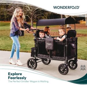 WONDERFOLD W4 Luxe Stroller Wagon (4 Seater) - Collapsible Wagon Stroller with Seats with Magnetic Buckle 5-Point Harnesses & Sun Canopy, Elite Black Camo