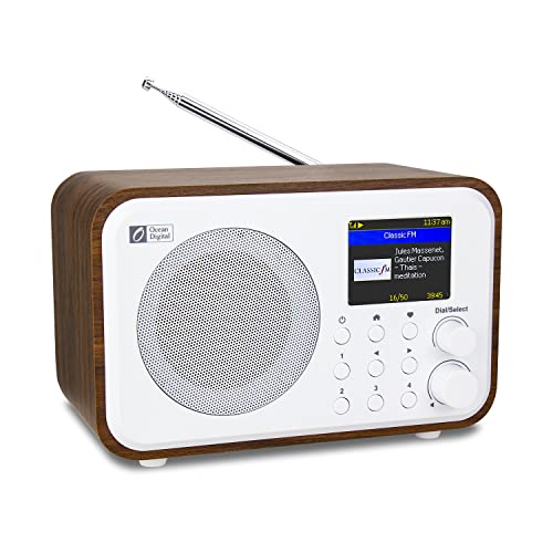 Ocean Digital WR-336F Wi-Fi Internet FM Radio Portable with 4 Preset Keys Rechargeable Battery Bluetooth Receiver Stress Relief Relaxation Music Channels White