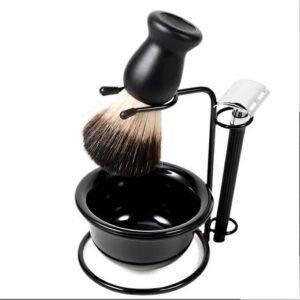 CCbeauty Mens Shaving Brush and Bowl Kit, 4-IN-1 Shave Brushes Set with Soap Cup, Badger Hair Shaving Brushes&Stand Holder, Safety Razor, Dad Husband Boyfriend Birthday Valentines Day Gifts for Him