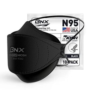 bnx n95 mask black niosh certified made in usa particulate respirator protective face mask, tri-fold cup/fish style, (10-pack, approval number tc-84a-9362 / model f95b) (headband) black