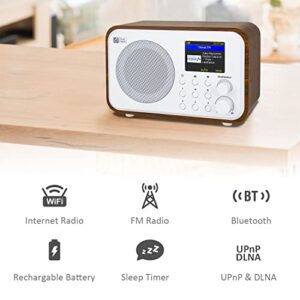 Ocean Digital WR-336F Wi-Fi Internet FM Radio Portable with 4 Preset Keys Rechargeable Battery Bluetooth Receiver Stress Relief Relaxation Music Channels White