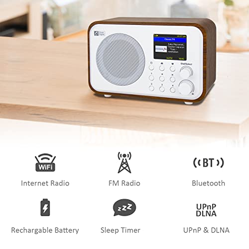 Ocean Digital WR-336F Wi-Fi Internet FM Radio Portable with 4 Preset Keys Rechargeable Battery Bluetooth Receiver Stress Relief Relaxation Music Channels White