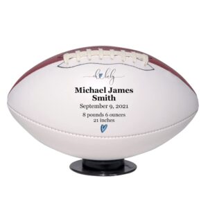 personalized baby birth announcement football keepsake for newborn baby boy or baby girl, customized with baby’s information for baby shower, gender reveal party, or nursery decor