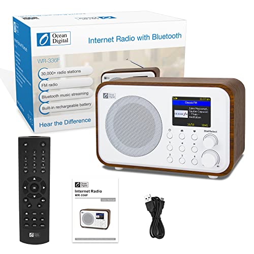 Ocean Digital WR-336F Wi-Fi Internet FM Radio Portable with 4 Preset Keys Rechargeable Battery Bluetooth Receiver Stress Relief Relaxation Music Channels White