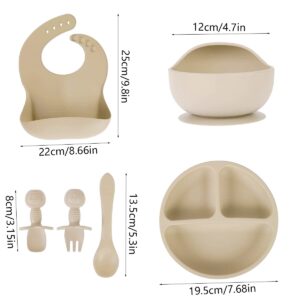 HOTBEST Set of 6 Baby Feeding Set, Silicone Baby Tableware Set, Food Grade Infant Dinnerware Set, BPA Free Baby Led Weaning Supplies, Non-Slip Self Feeding Utensils for Toddlers Infant Kids (Beige)