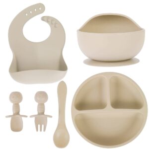 hotbest set of 6 baby feeding set, silicone baby tableware set, food grade infant dinnerware set, bpa free baby led weaning supplies, non-slip self feeding utensils for toddlers infant kids (beige)