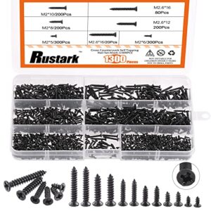 rustark 1300pcs m2 m2.6 black flat head phillips cross small wood screws tapping screws electronic screws assortment kit 5mm 6mm 8mm 10mm 12mm 16mm tapping screws small metric micro screw set