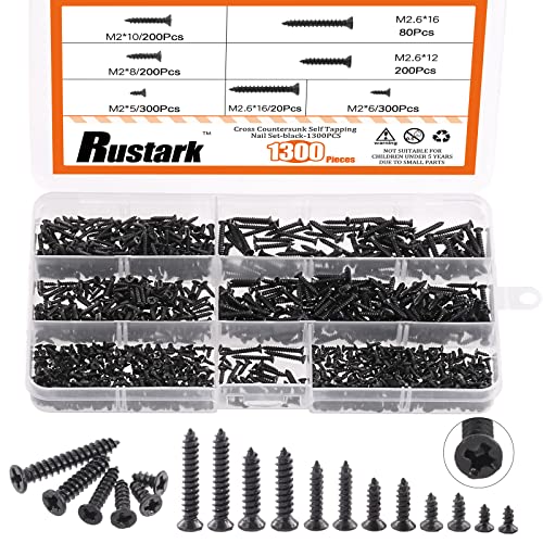 Rustark 1300Pcs M2 M2.6 Black Flat Head Phillips Cross Small Wood Screws Tapping Screws Electronic Screws Assortment Kit 5mm 6mm 8mm 10mm 12mm 16mm Tapping Screws Small Metric Micro Screw Set