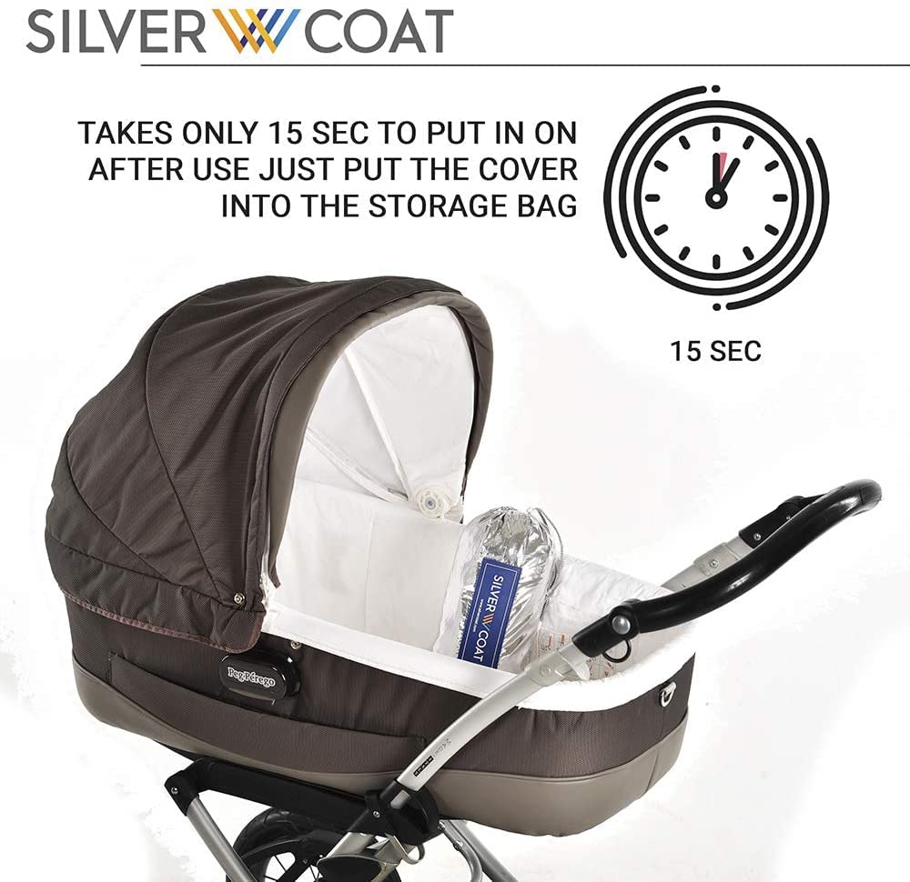 Silver Coat Heat Blocking Adjustable Sun Reflective All-weather Cover for the baby stroller body which reduces in half inside it. Also it’s a waterproof dustproof snowproof cover,