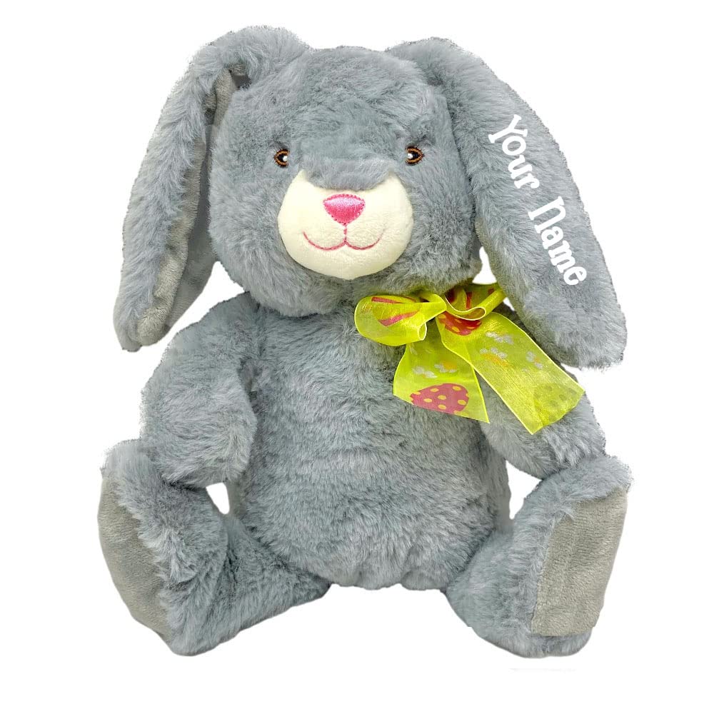 Personalized Gray Easter Bunny - Easter Egg Bow Plush Stuffed Animal Keepsake with Custom Name