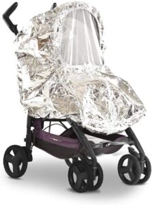 silver coat heat blocking adjustable sun reflective all-weather cover for the baby stroller body which reduces in half inside it. also it’s a waterproof dustproof snowproof cover,