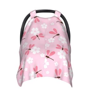 kiuloam white flower and dragonflies on pink baby car seat canopy, nursing cover for mom breastfeeding scarf, infant car seat cover/multiuse baby stroller covers for babies boys girls