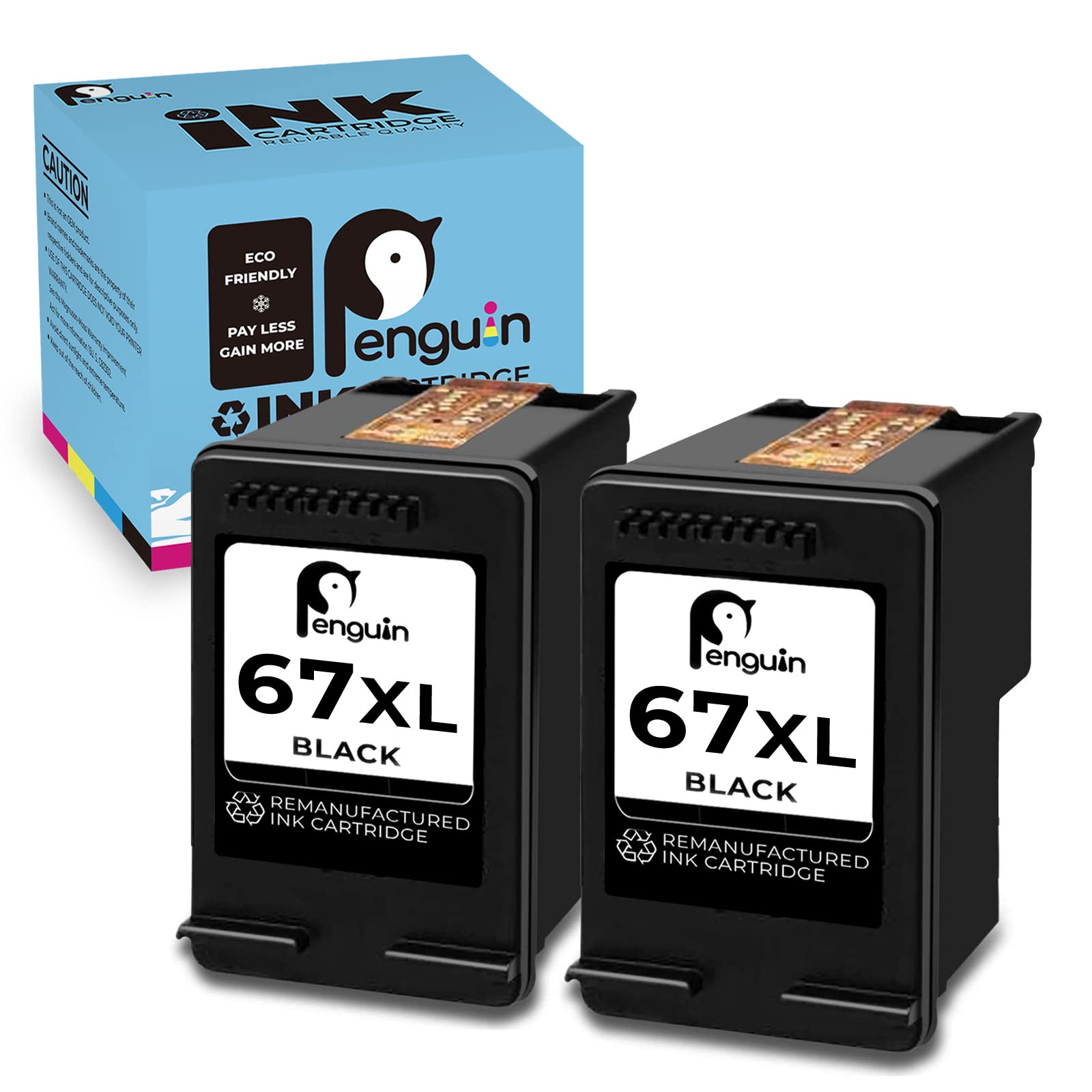 Penguin Remanufactured Printer Ink Cartridge Replacement for HP 67 XL 67XL (2 Black) for Envy 6052, Envy Pro 6055 6455e 6055e 6452 DeskJet 2755e 2752 DeskJet Plus 4140, 4152, 4155, 4158