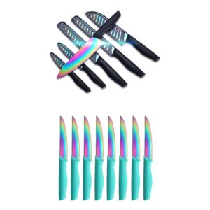 kya36 rainbow titanium 12-piece stainless steel kitchen knives set with sheath + marco almond kya47 rainbow titanium serrated stainless steel steak knives set of 8