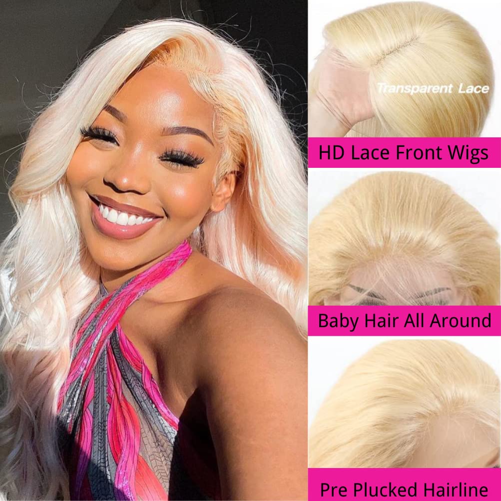 613 Lace Front Wig Human Hair 13x4 HD Body Wave Blonde Lace Front Wigs Human Hair Pre Plucked with Baby Hair 613 Frontal Wig 150% Density Brazilian Virgin Hair for Women 22 Inch