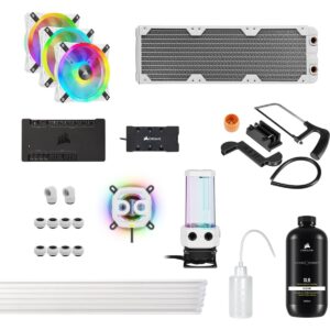 corsair hydro x series icue xh305i rgb pro custom cooling kit (hardline cpu cooling loop, cpu water block, d5 pump/reservoir combo, radiator, 3x rgb fans, icue software control) white