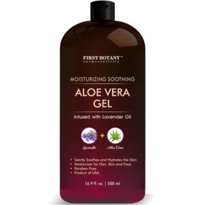 first botany, pure aloe vera gel - with 100% fresh & pure aloe infused with lavender oil - natural raw moisturizer for face, skin, body, hair. perfect for sunburn, acne, razor bumps 16.9 fl oz