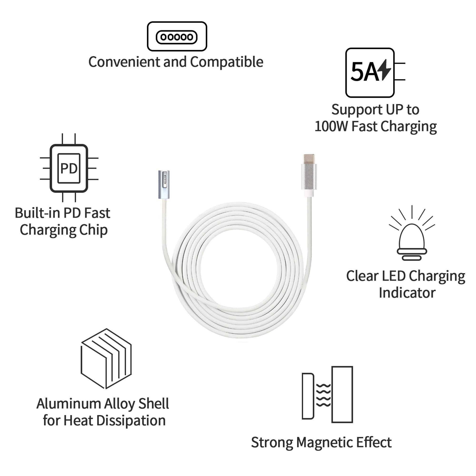 Magnetic T-Tip PD USB C to Magnetic 1 Charger Cable Compatible with Mac-Book Air/Pro, Type-C PD Power Fast Charging Cable Replacement for Mac-Book Power Supply,Works with 20v 65W-100W