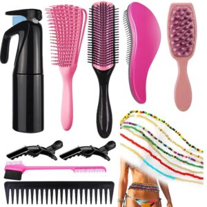 9pcs detangling brush set for black natural curly and afro textured hair (3a to 4c), with african waist beads for easier detangling on wash days