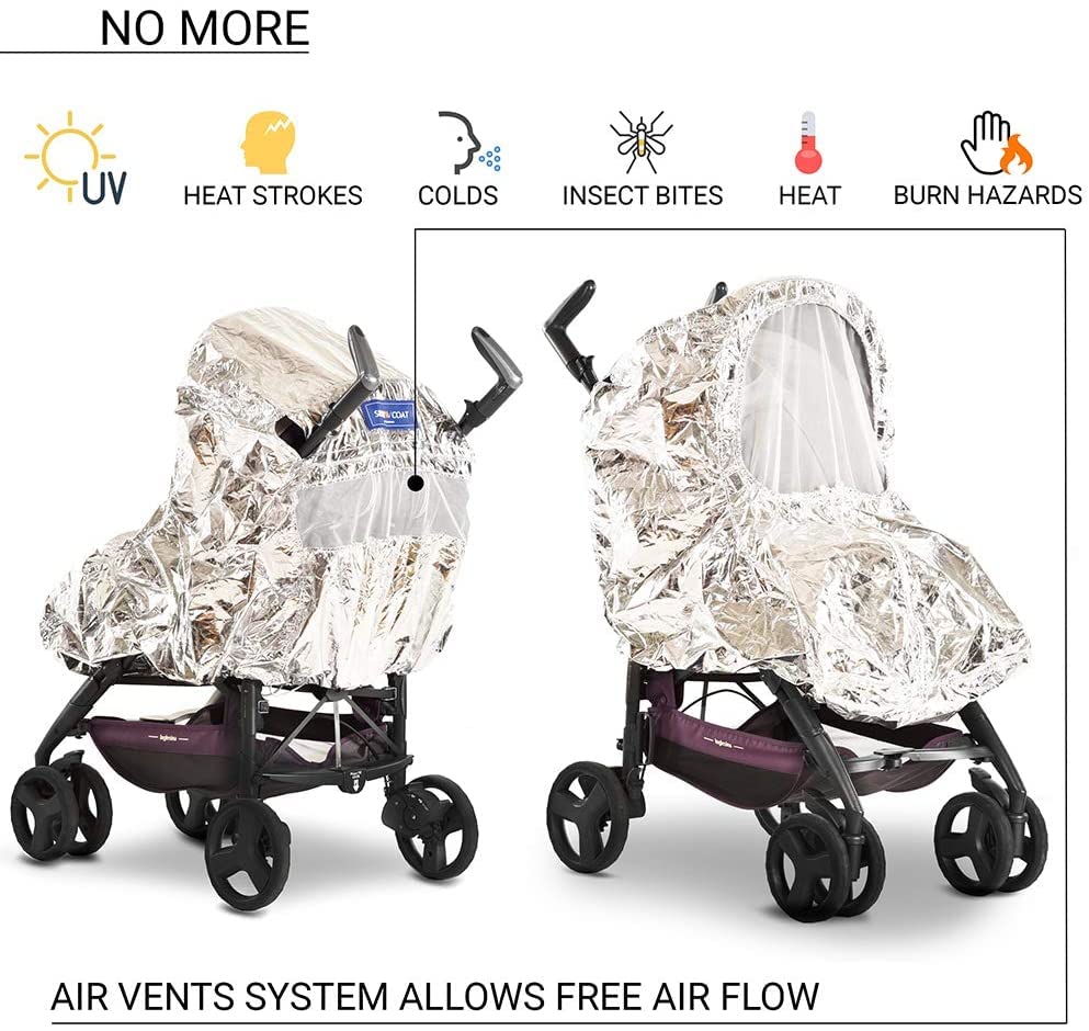 Silver Coat Heat Blocking Adjustable Sun Reflective All-weather Cover for the baby stroller body which reduces in half inside it. Also it’s a waterproof dustproof snowproof cover,