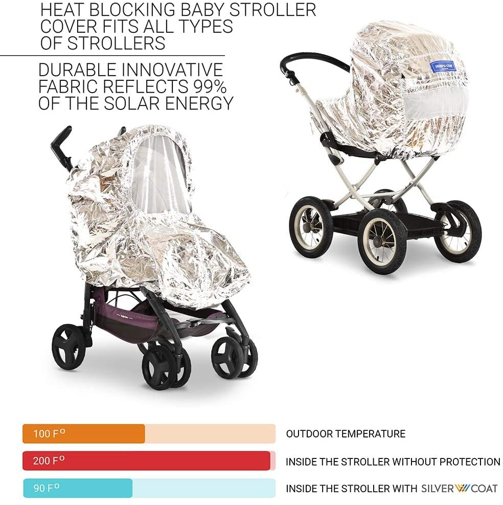 Silver Coat Heat Blocking Adjustable Sun Reflective All-weather Cover for the baby stroller body which reduces in half inside it. Also it’s a waterproof dustproof snowproof cover,