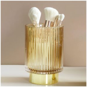 makeup brush holders organizer for vanity countertop, large light yellow crystal cosmetic makeup brush glass brushes storage holder, unique vintage make up brush cup pen pencil holder organizers