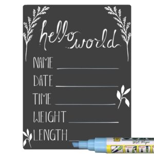 cohas hello world newborn baby announcement sign with chalkboard style surface, 5 by 7 inches, blue marker