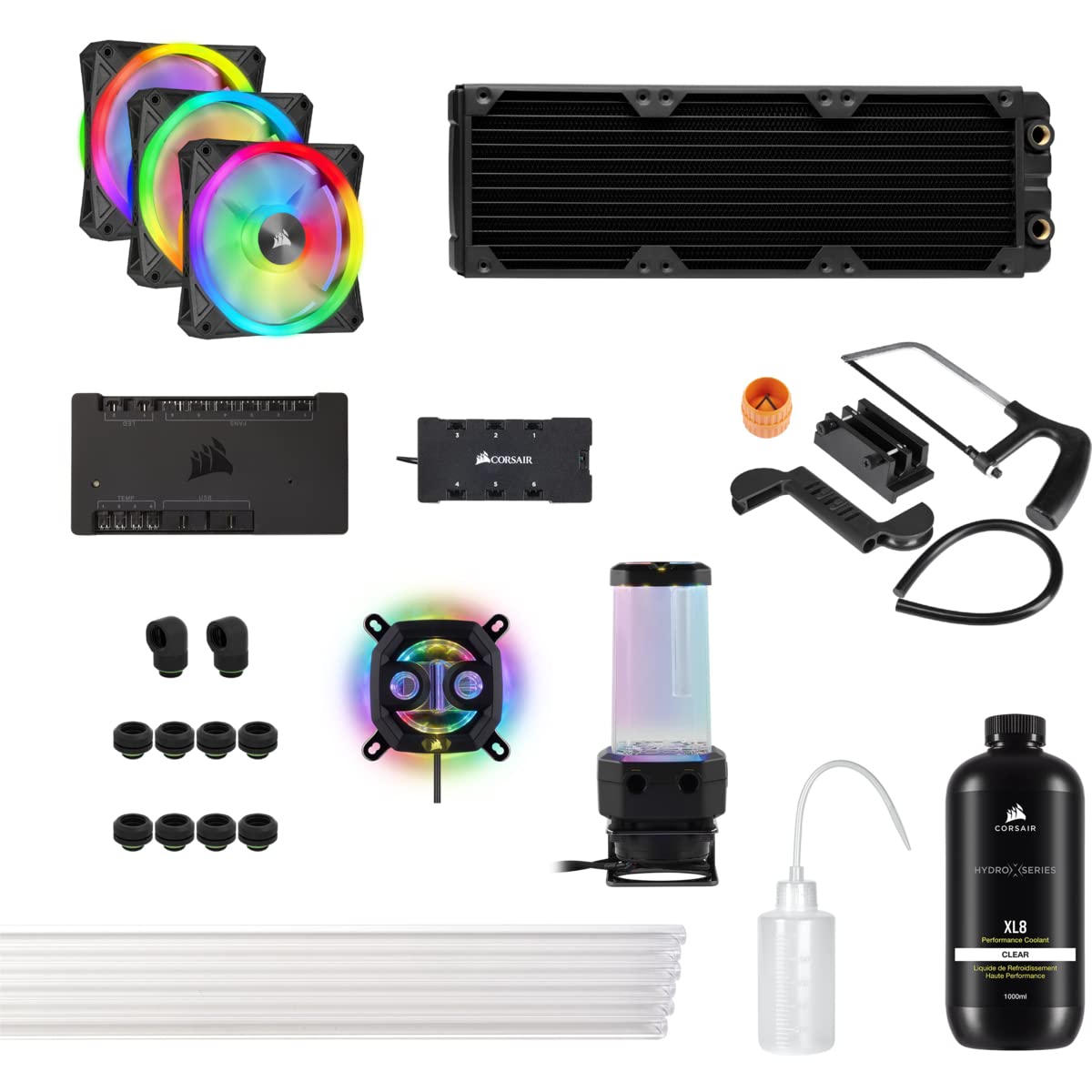 Corsair Hydro X Series iCUE XH305i RGB PRO Custom Cooling Kit (Hardline CPU Cooling Loop, CPU Water Block, D5 Pump/Reservoir Combo, Radiator, 3x RGB Fans, iCUE Software Control) Black